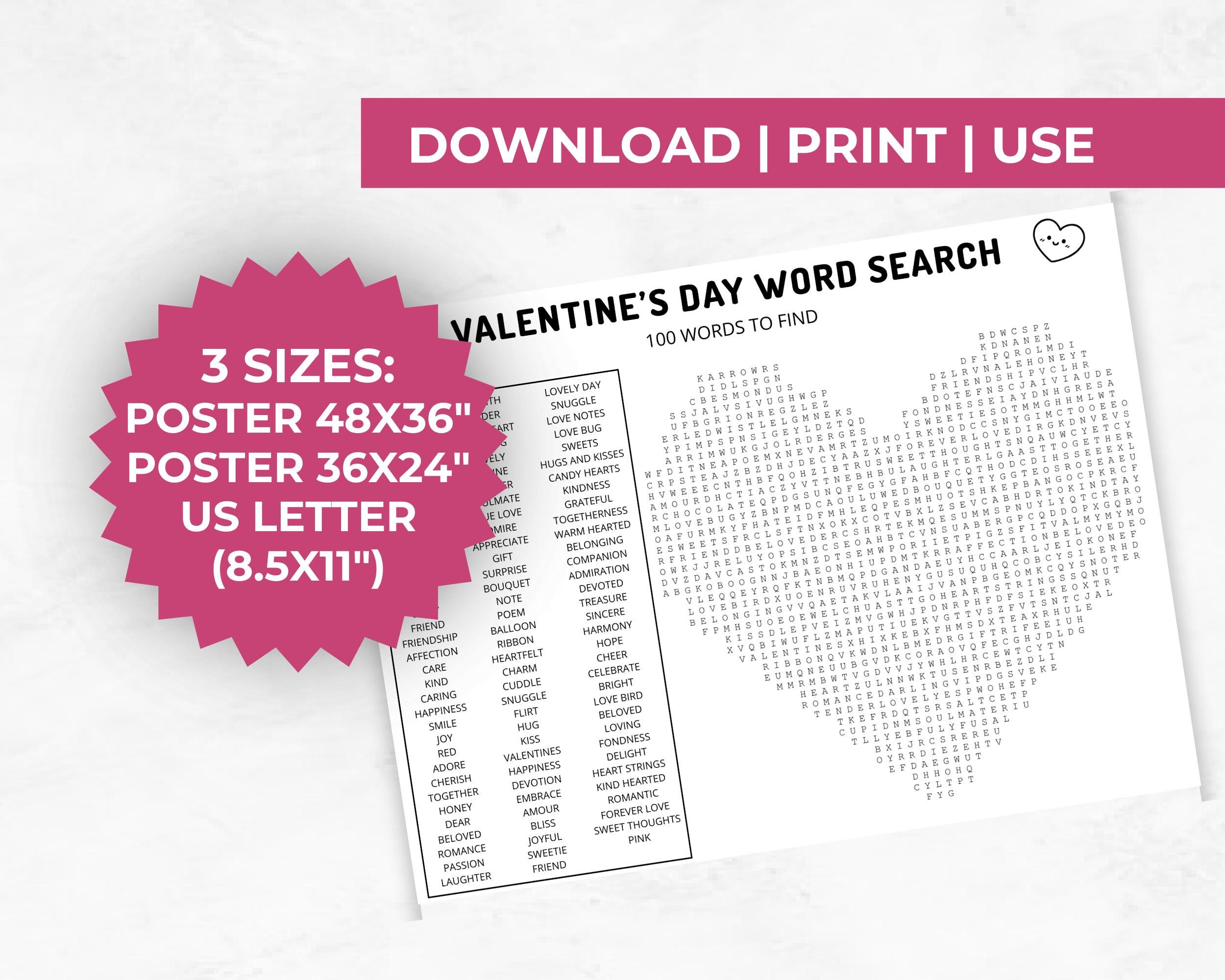 Giant Valentine's Day Word Search Printable, Senior Games, Team ...