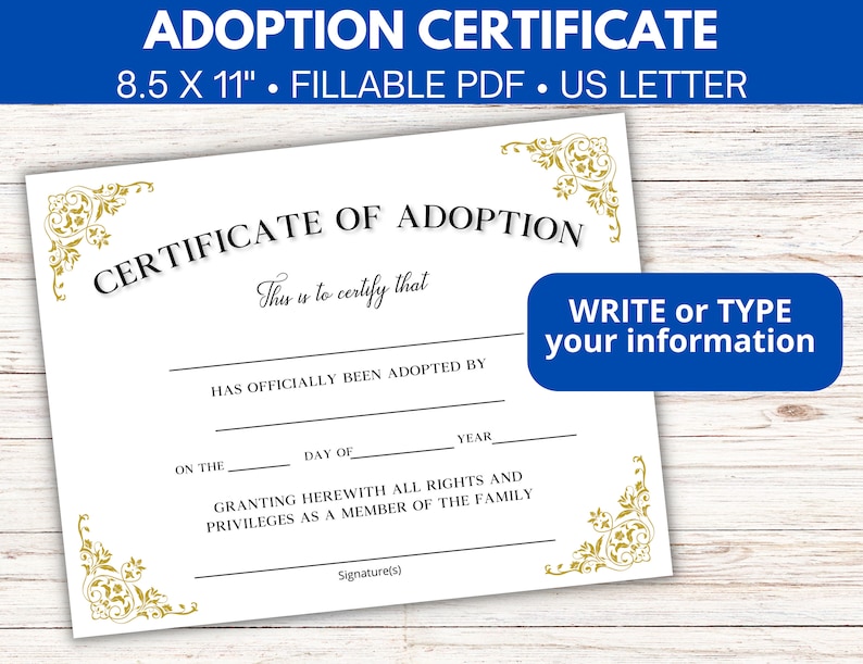 Editable Adoption Certificate Template, Fillable Adoption Certificate ...