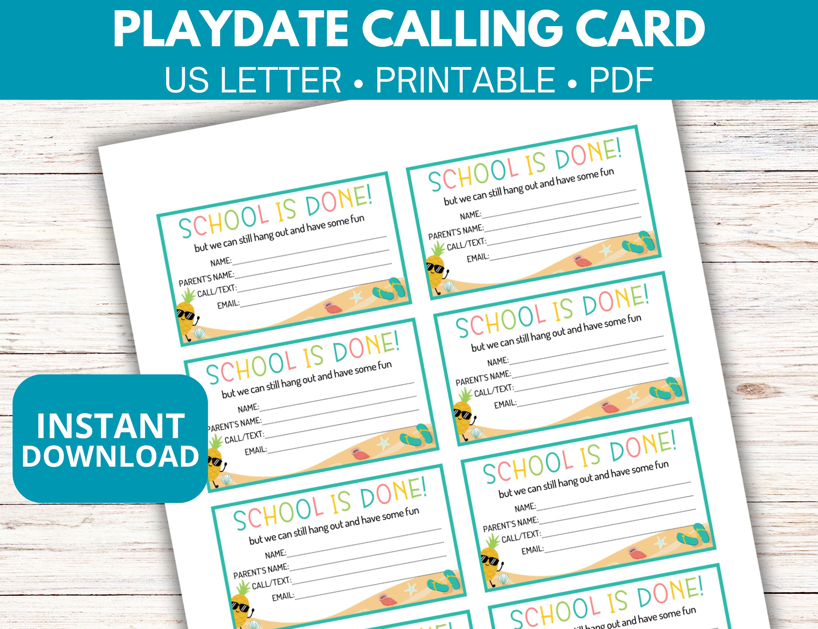 Kids Summer Contact Card, Editable Play Date Card, End of School ...