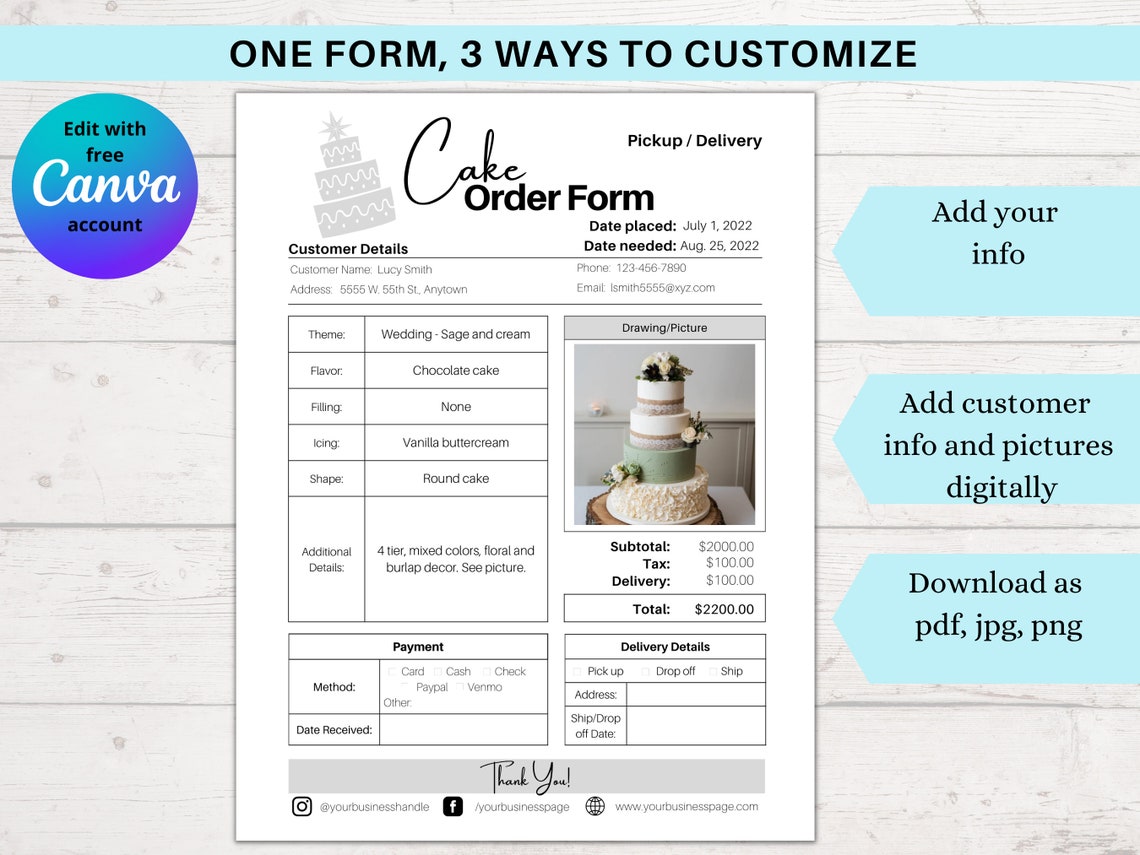 Editable Cake Order Form Template, Bakery Business Forms, Custom Cake ...