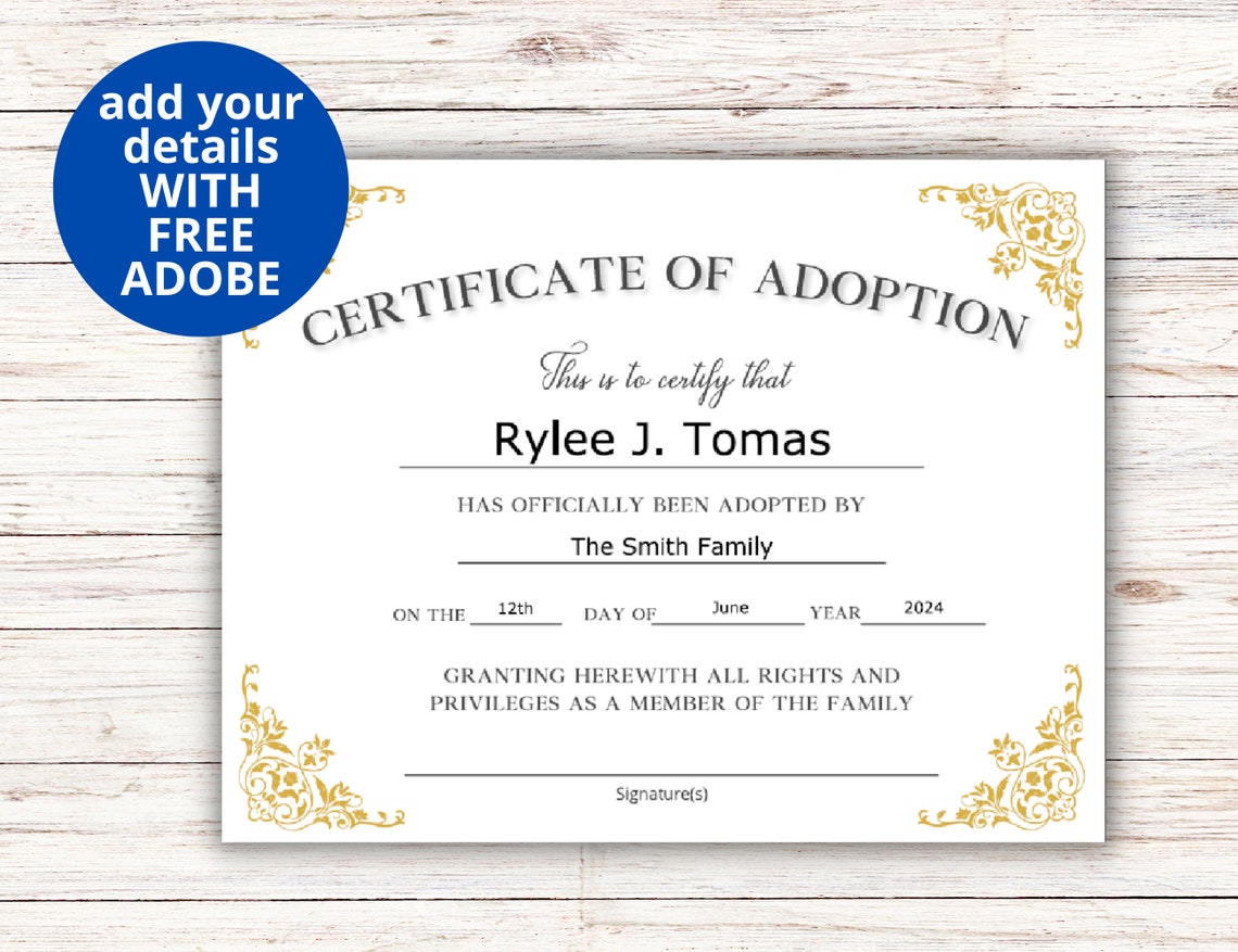 Editable Adoption Certificate Template, Fillable Adoption Certificate ...