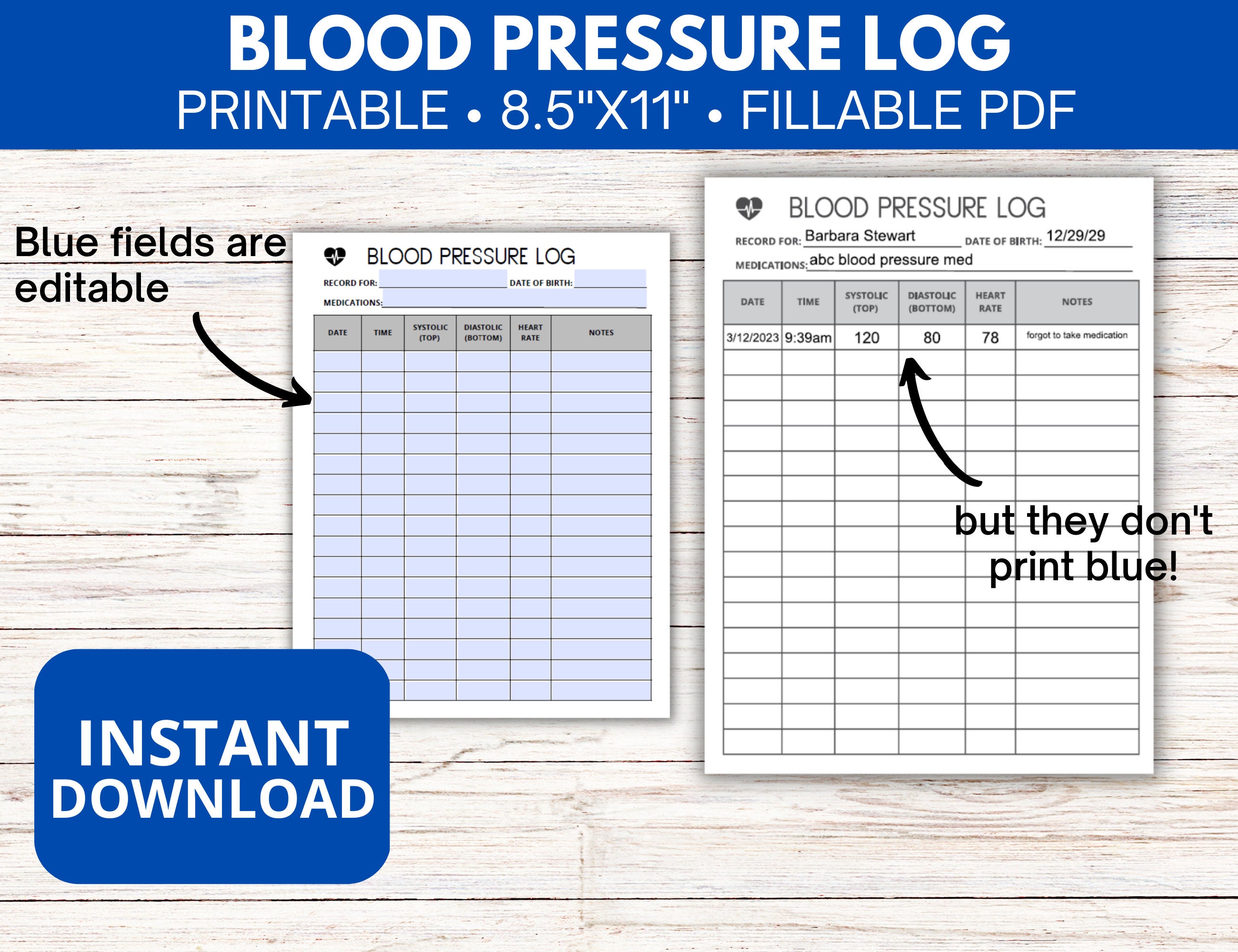 Blood Pressure Log Printable Fillable PDF, Blood Pressure Tracker ...