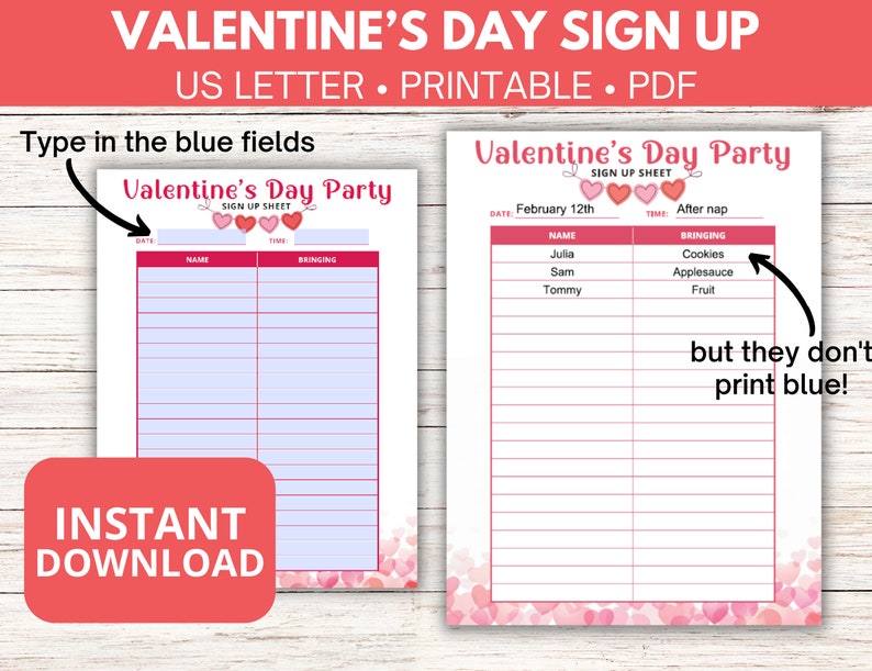 Sign up Sheet Template for Valentine's Day Party, Potluck Sign up Sheet ...