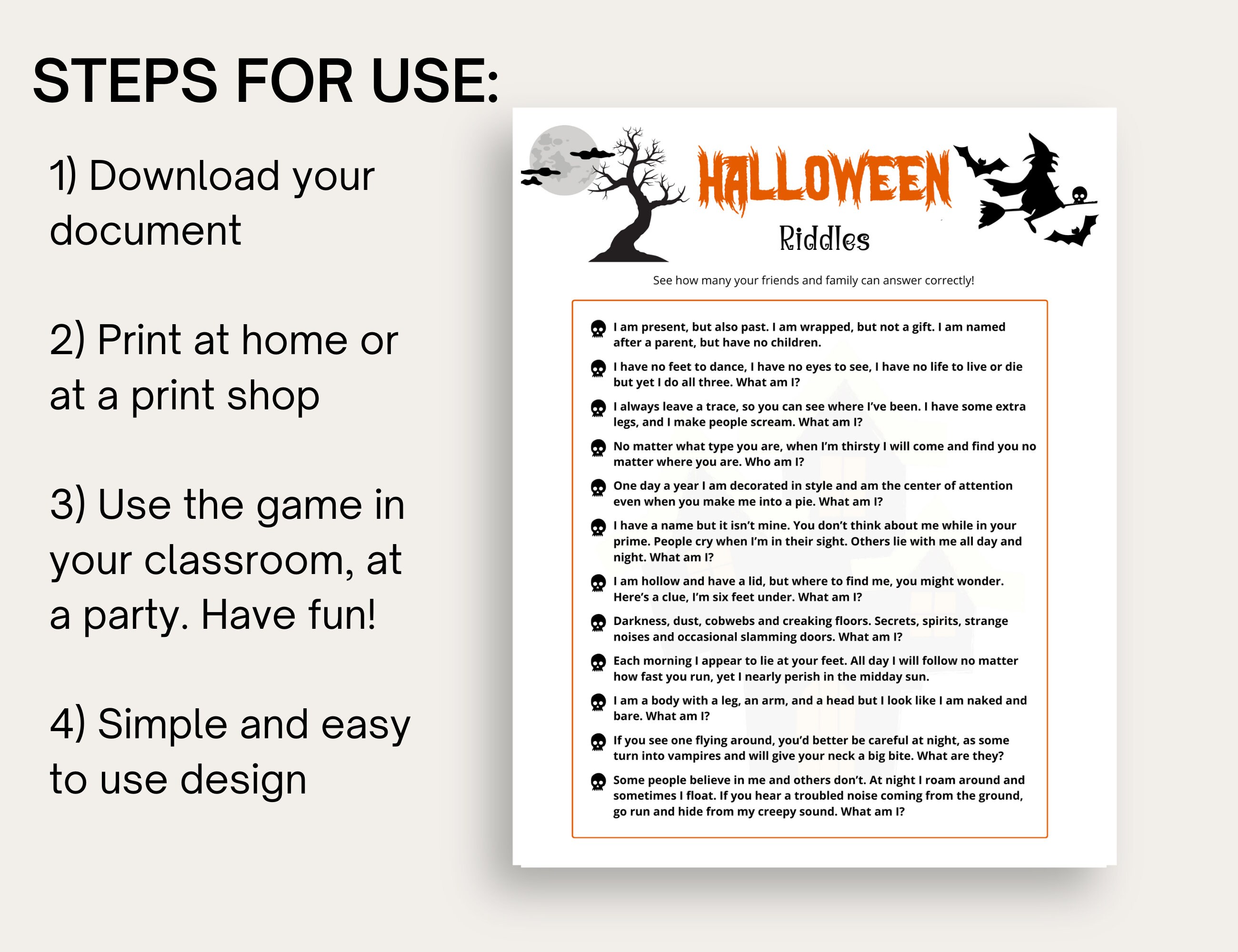 Halloween Riddles Printable Party Game, Halloween Trivia Game ...