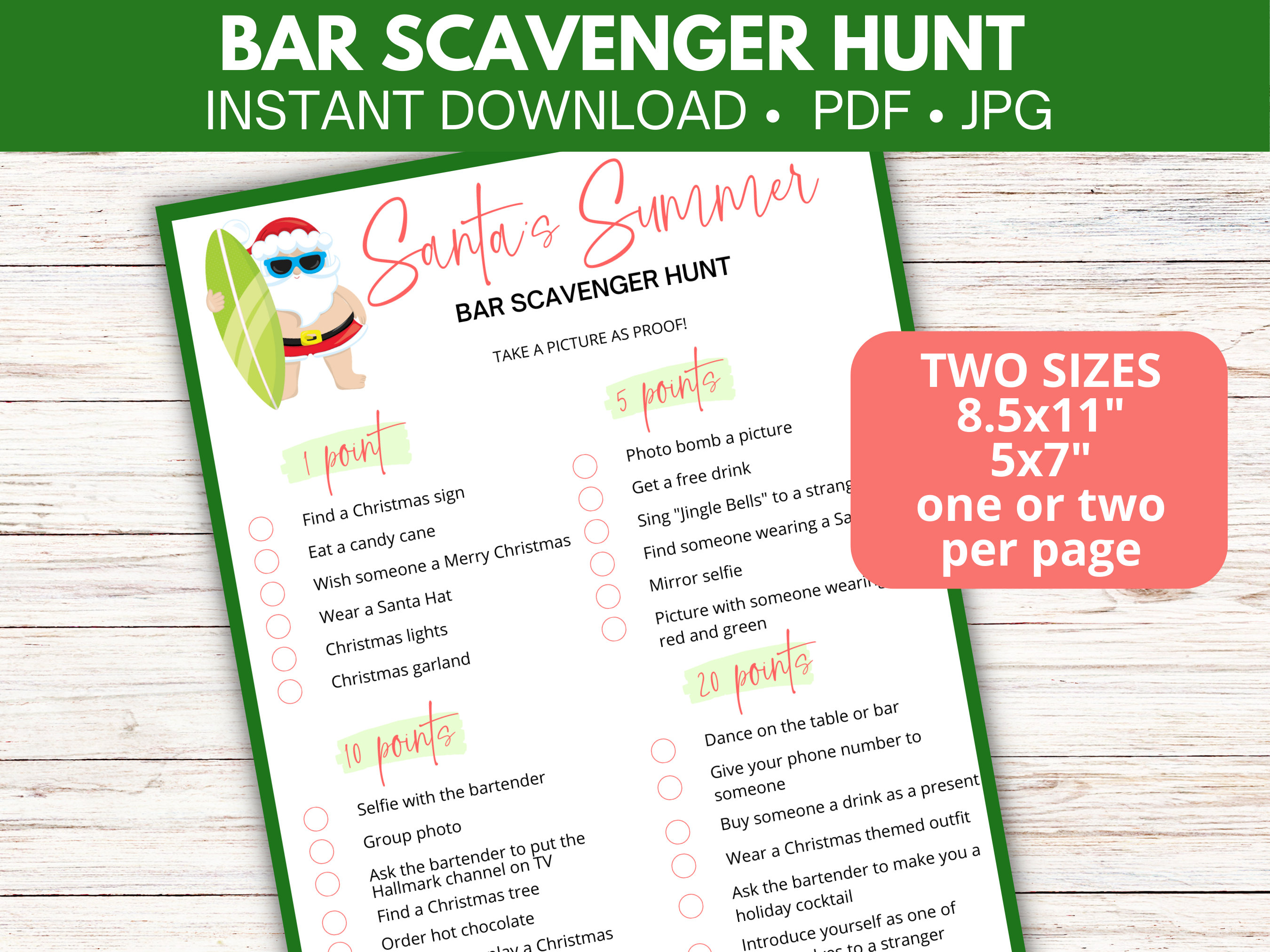 Santa Summer Bar Scavenger Hunt, Tropical Christmas Bar Crawl Games ...
