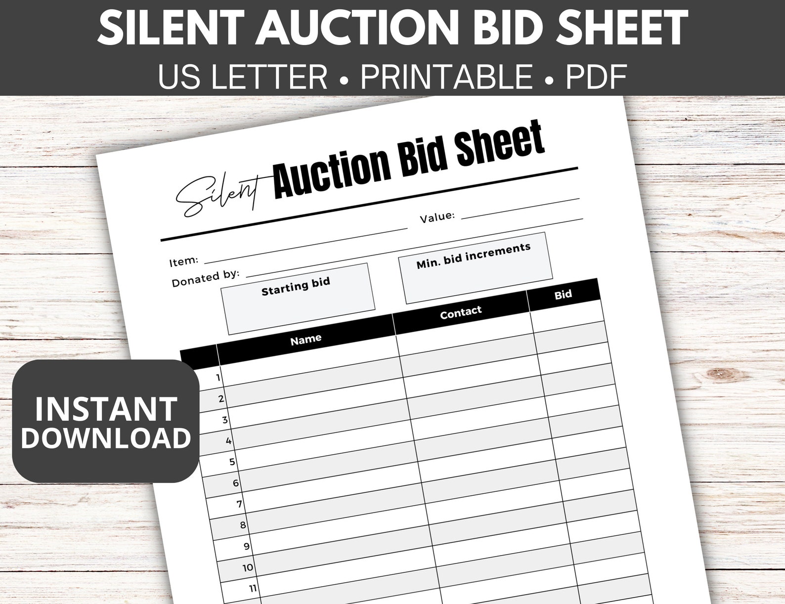 Editable Silent Auction Bid Sheet, Bid Template, PTA Fundraiser Idea ...