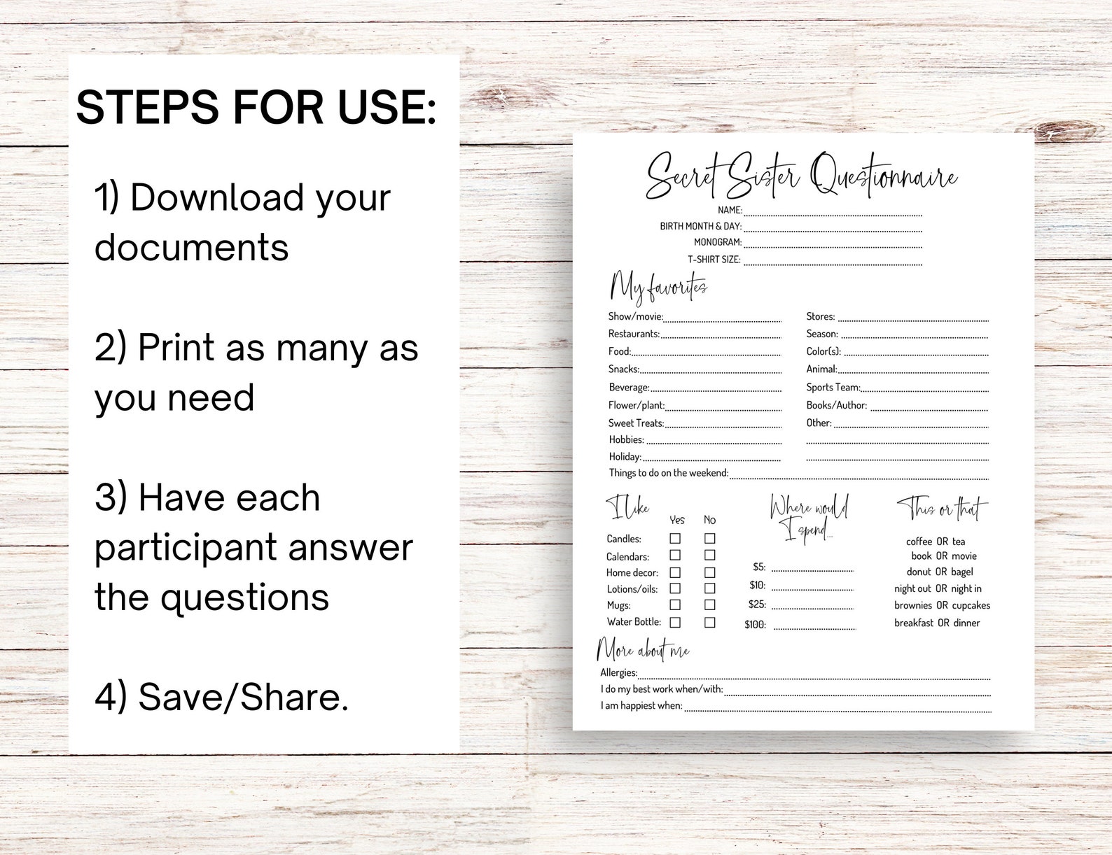 Secret Sister Questionnaire Printable, Church Secret Sister Form ...