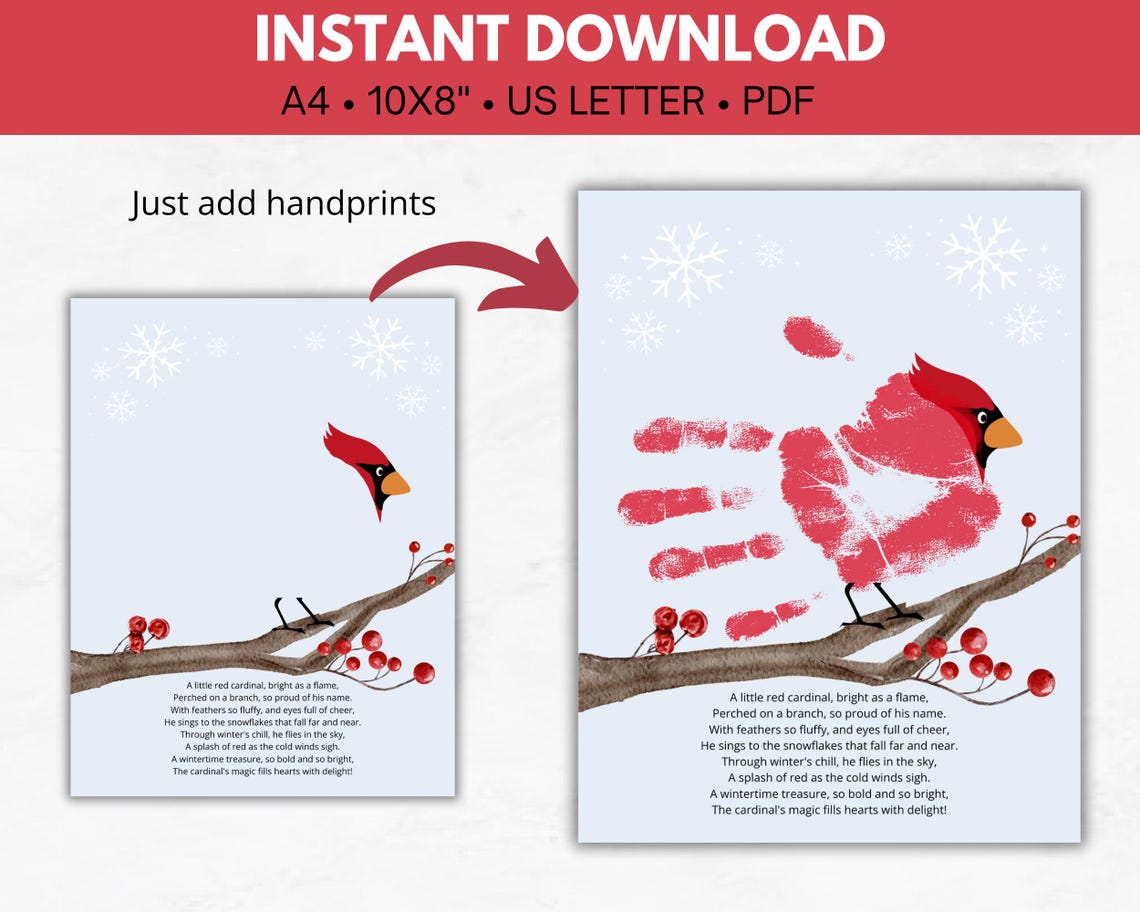 Winter Handprint Craft, Red Cardinal Bird Handprint Art, Printable ...