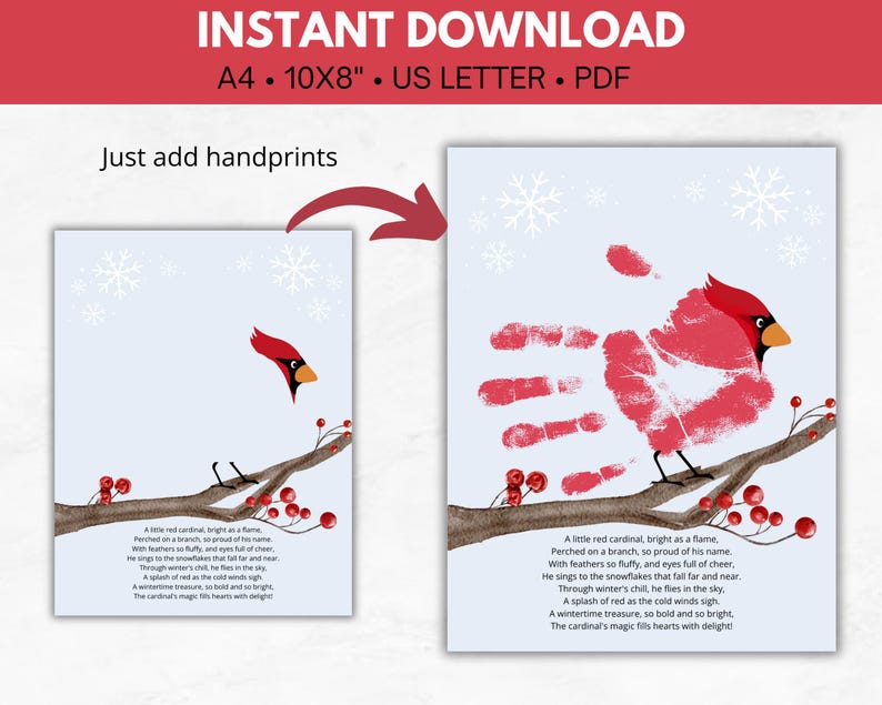 Winter Handprint Craft, Red Cardinal Bird Handprint Art, Printable ...