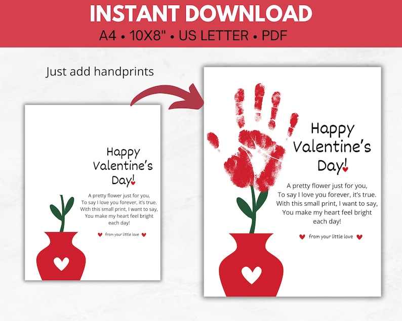 Valentines Day Flower Handprint Craft, Kids Handprint Art, Printable ...