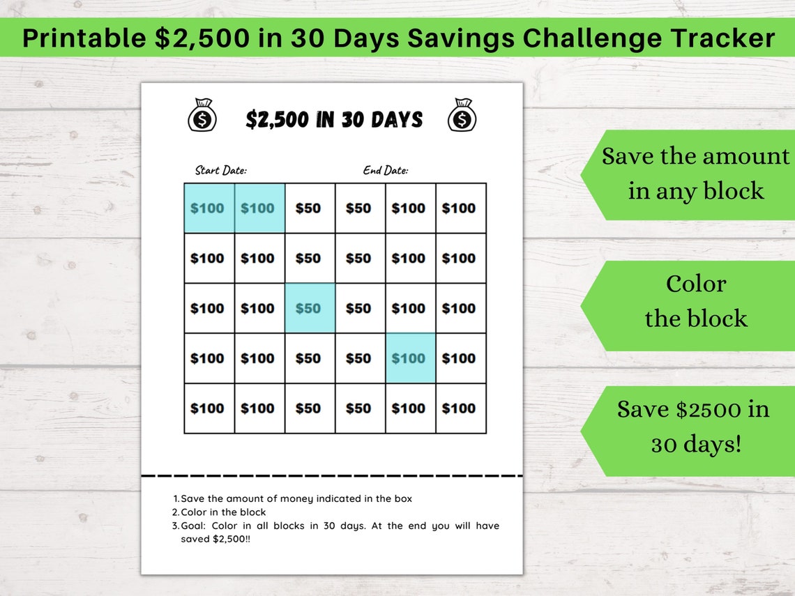 30 Day Money Savings Challenge Printable, 2500 in 30 Days Savings ...