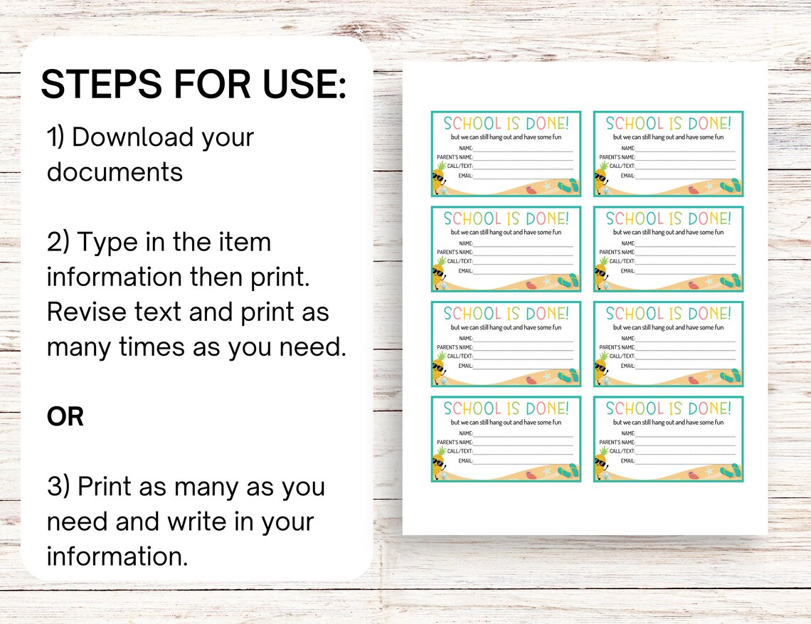 Kids Summer Contact Card, Editable Play Date Card, End of School ...