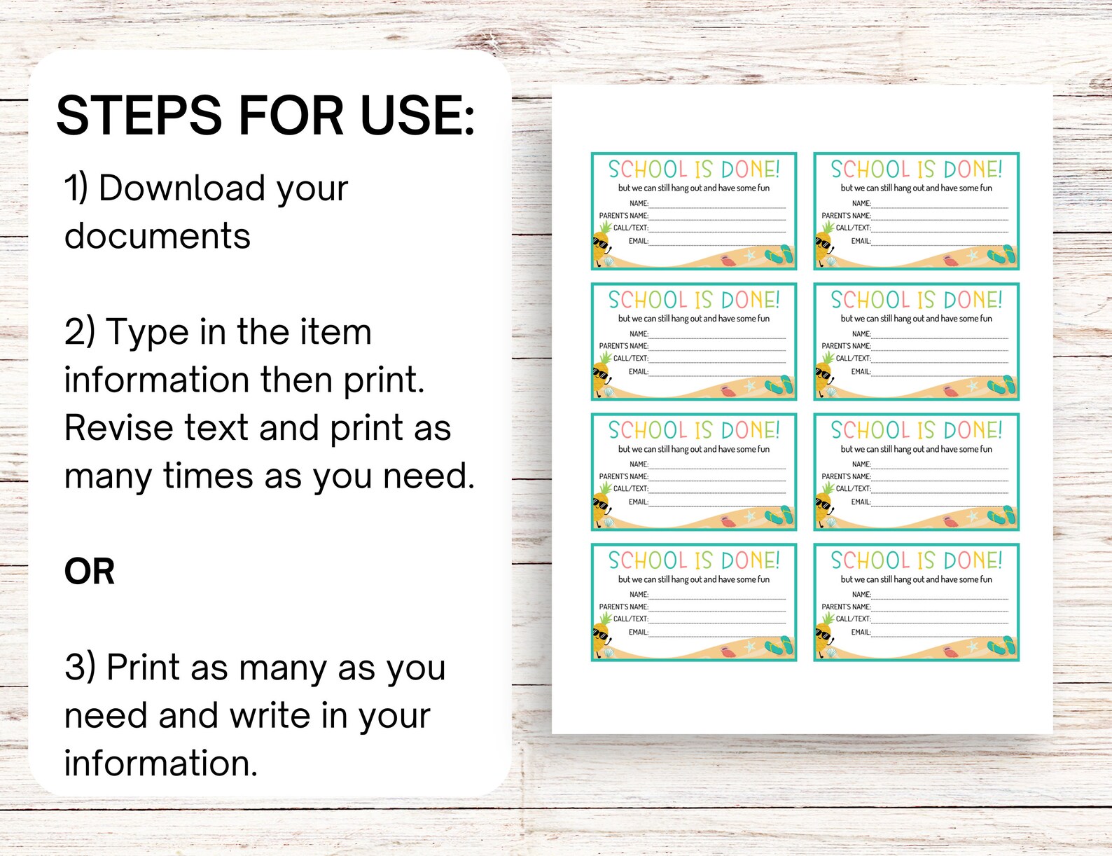 Kids Summer Contact Card, Editable Play Date Card, End of School ...