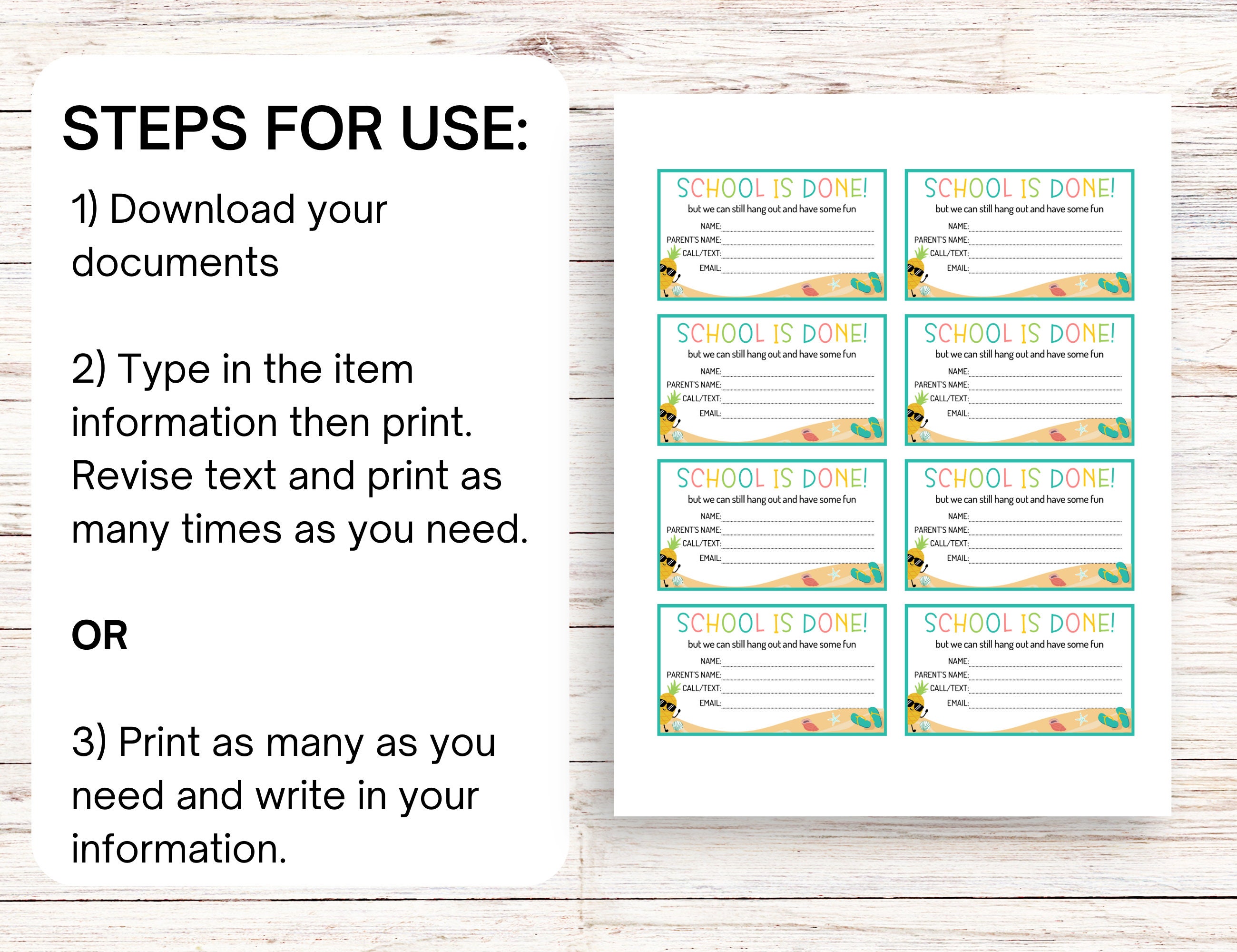 Kids Summer Contact Card, Editable Play Date Card, End of School ...