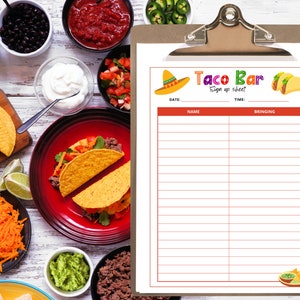 Sign up Sheet Template for Taco Bar, Printable Taco Party Sign Up ...