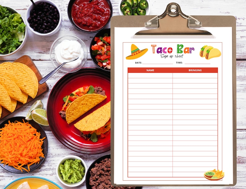 Sign up Sheet Template for Taco Bar, Printable Taco Party Sign Up ...