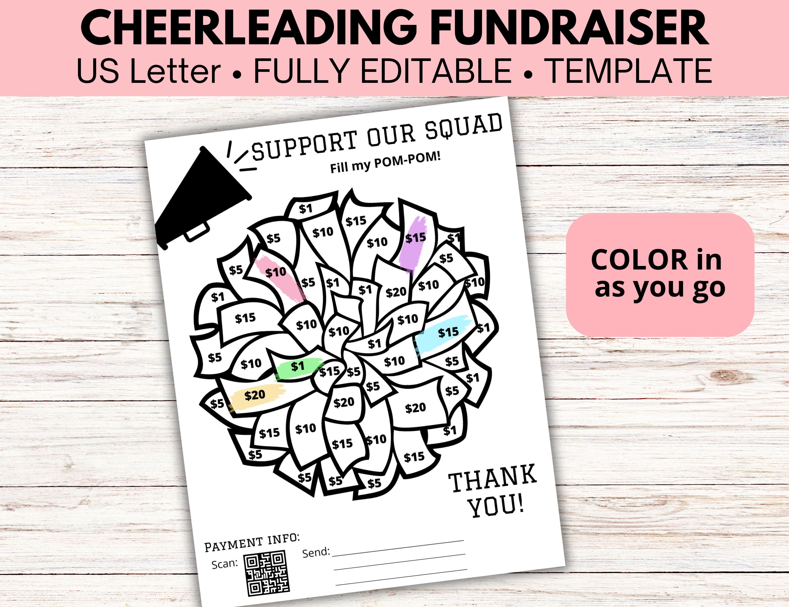 Cheer Fundraiser Template W QR Code, Editable Fill My Pom Pom, Cheer ...