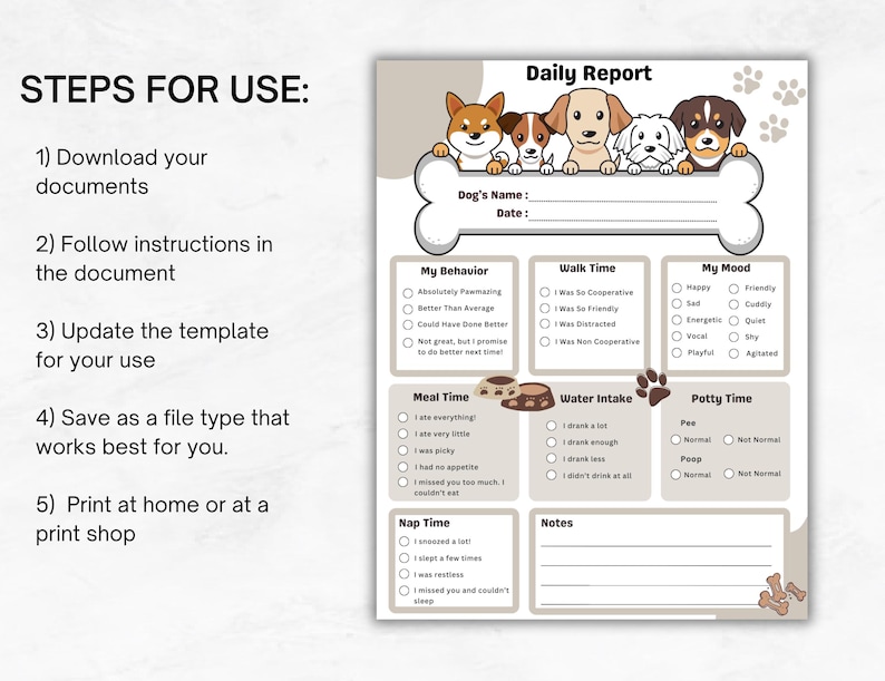 Editable Dog Report Card Template, Pet Sitter Daily Log, Doggy Daycare ...