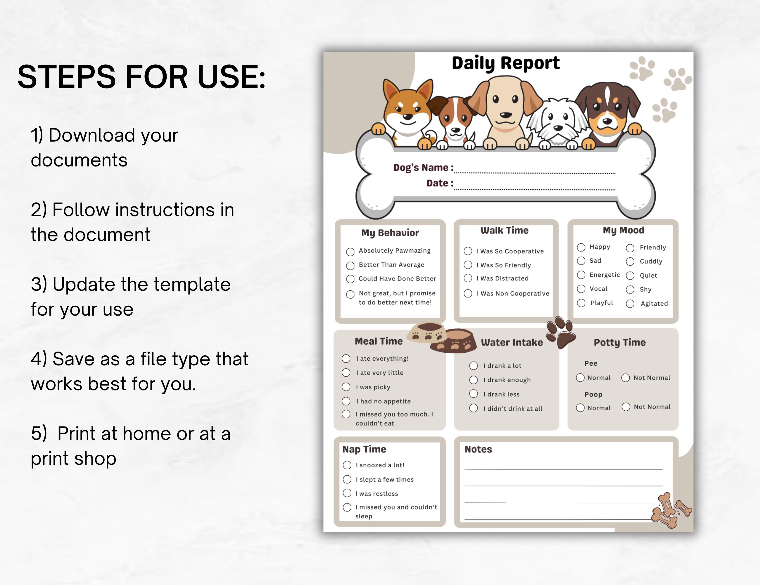 Editable Dog Report Card Template, Pet Sitter Daily Log, Doggy Daycare ...