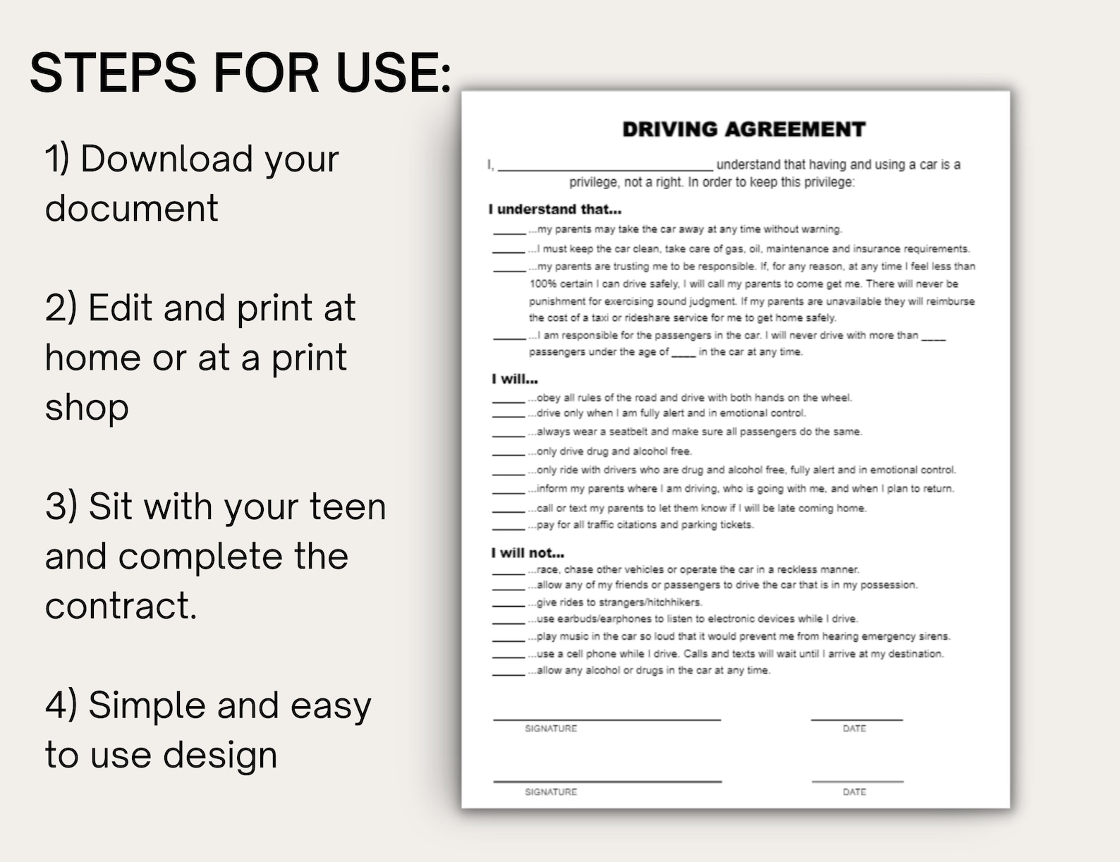 Editable Teen Driver Contract, New Driver Contract Template, Teen ...