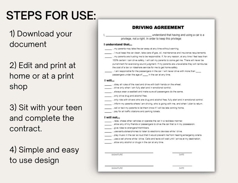 Editable Teen Driver Contract, New Driver Contract Template, Teen ...