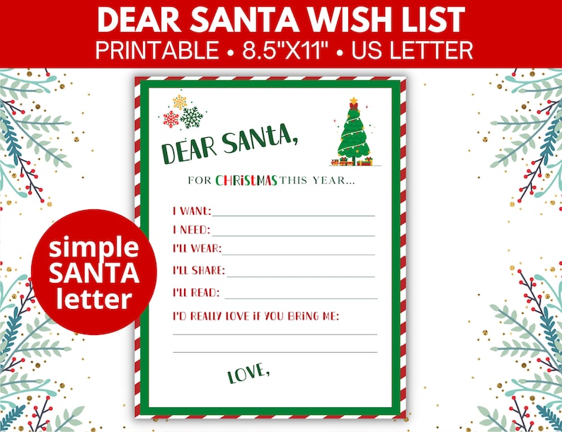 Dear Santa Letter Printable, Christmas Letter to Santa Claus, Christmas ...