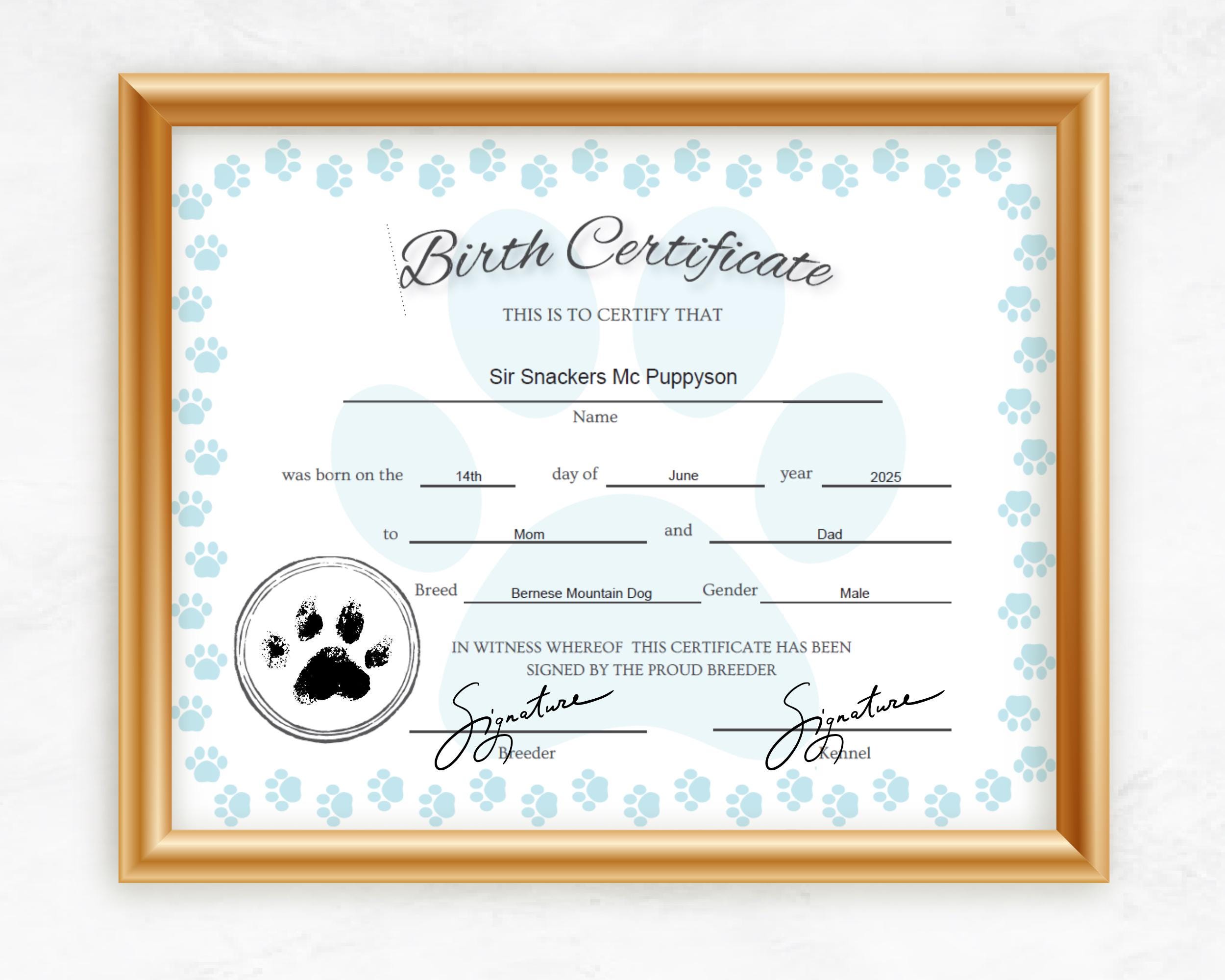 Puppy Birth Certificate Fillable Template, Printable Pet Keepsake With ...