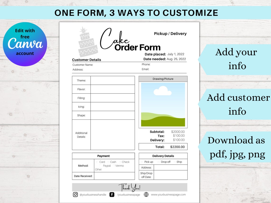 Editable Cake Order Form Template, Bakery Business Forms, Custom Cake ...