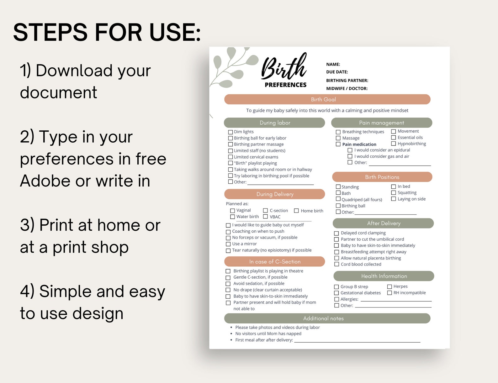 Birth Plan Template, Editable Birth Plan Checklist, Natural Birth Plan ...