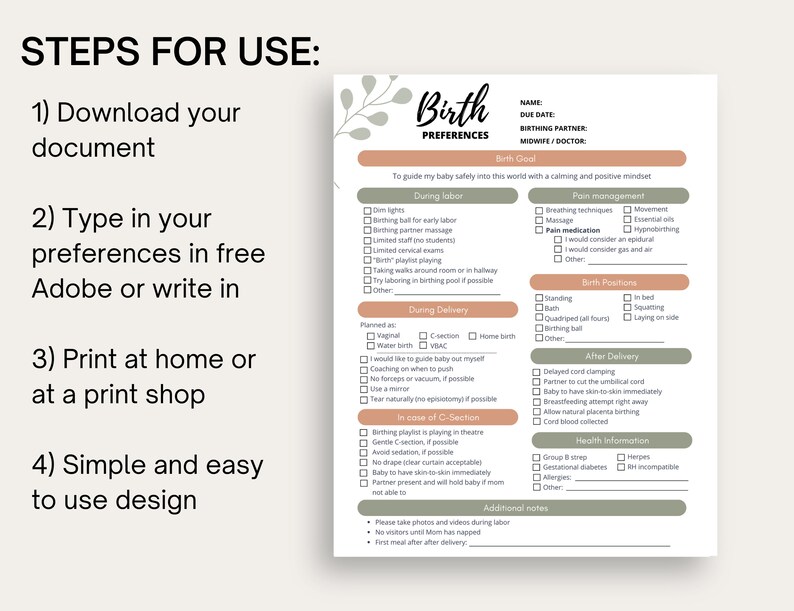 Birth Plan Template, Editable Birth Plan Checklist, Natural Birth Plan ...