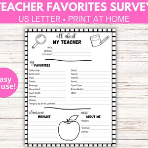 Teacher Favorite Things List, Printable All About the Teacher ...