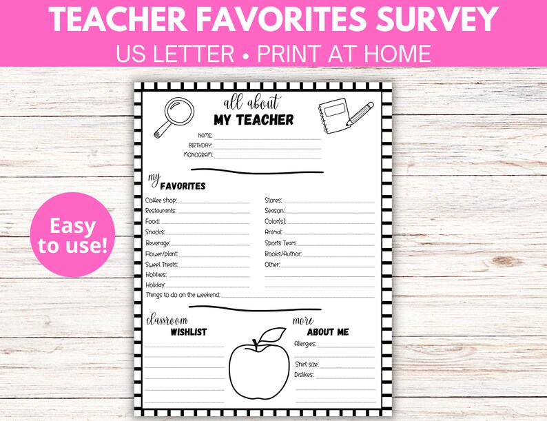 Teacher Favorite Things List, Printable All About the Teacher ...