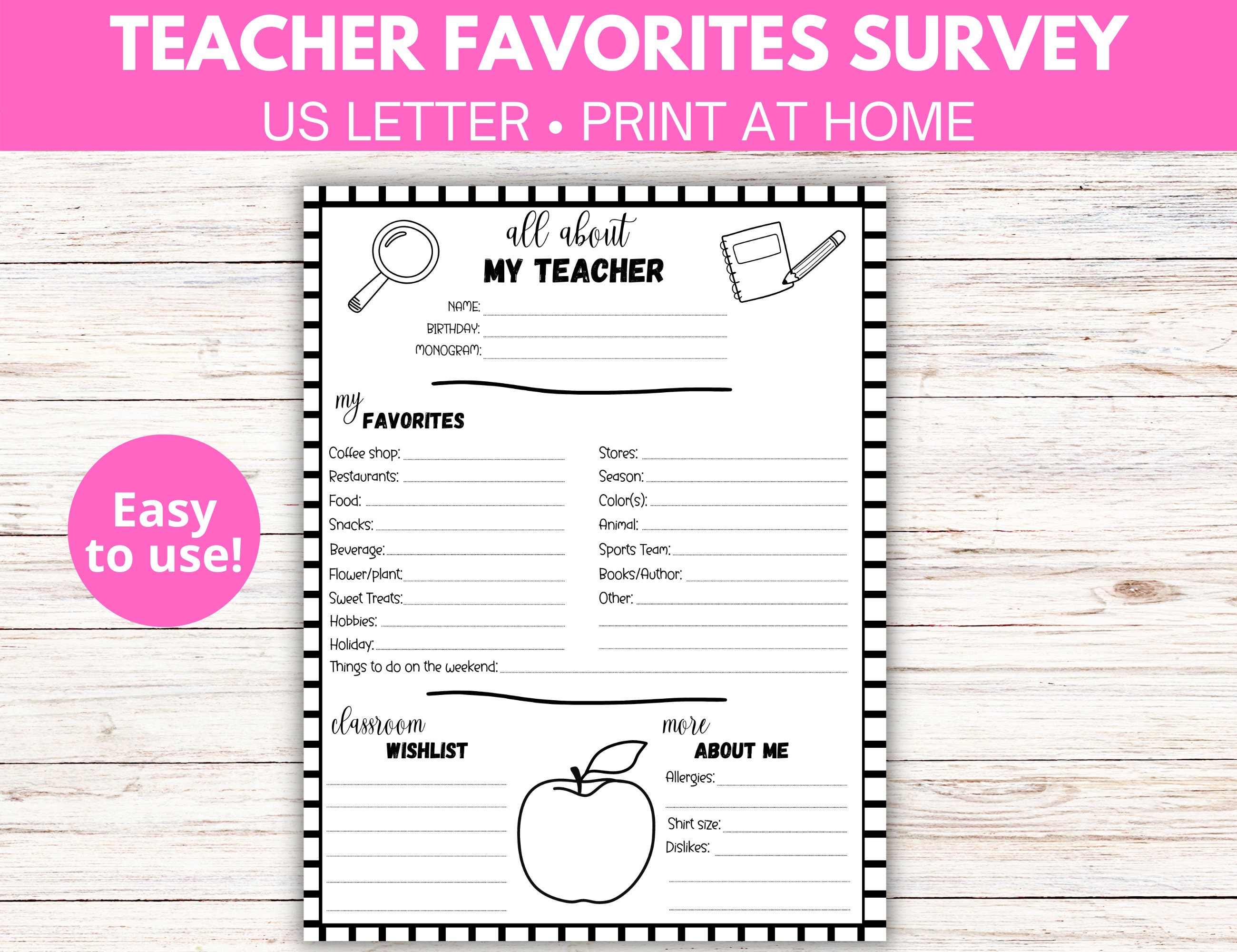 Teacher Favorite Things List, Printable All About the Teacher ...