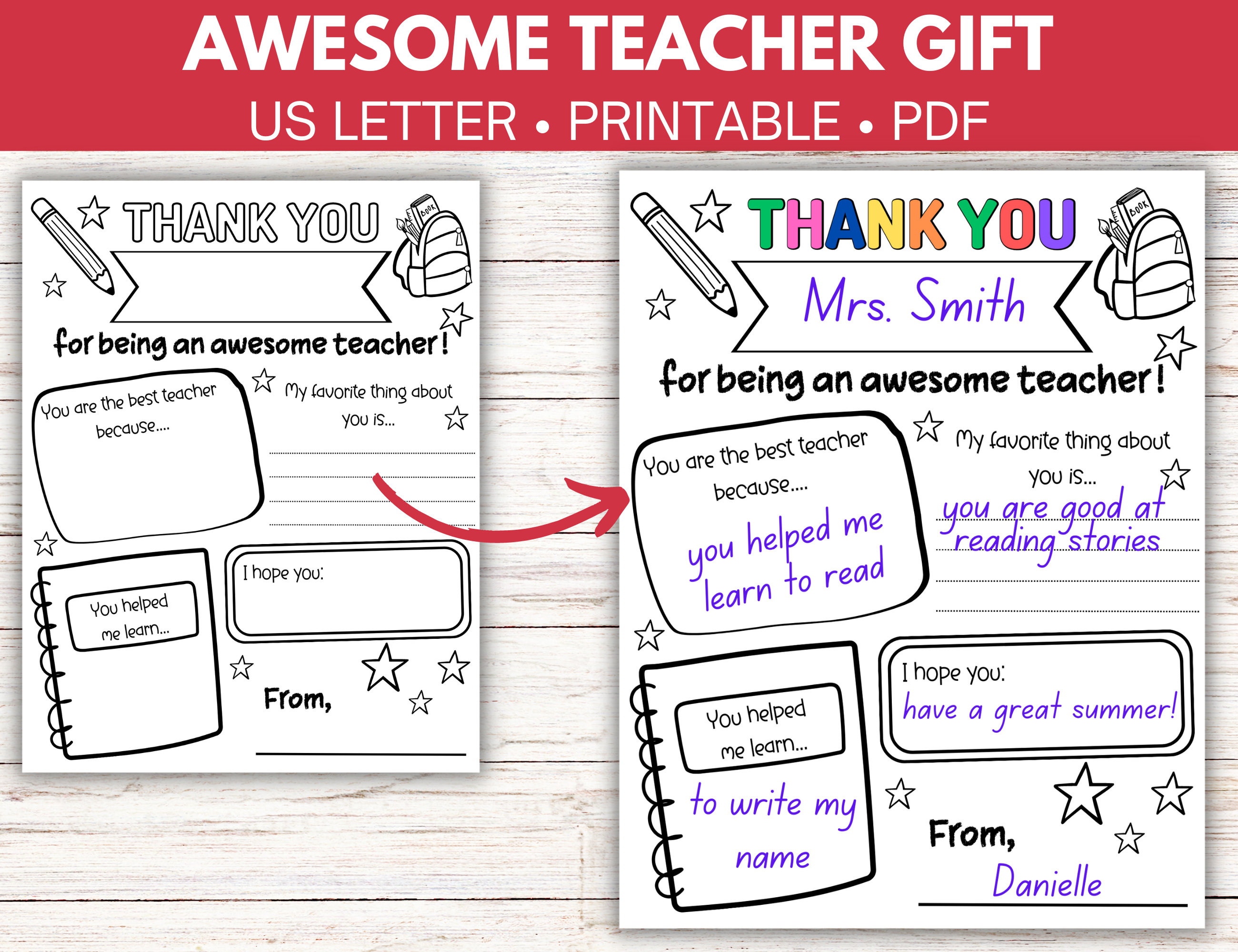 DIY End of Year Teacher Gift Coloring Page, End of Year Thank You Card ...