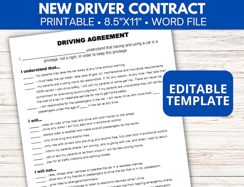 Editable Teen Driver Contract, New Driver Contract Template, Teen ...