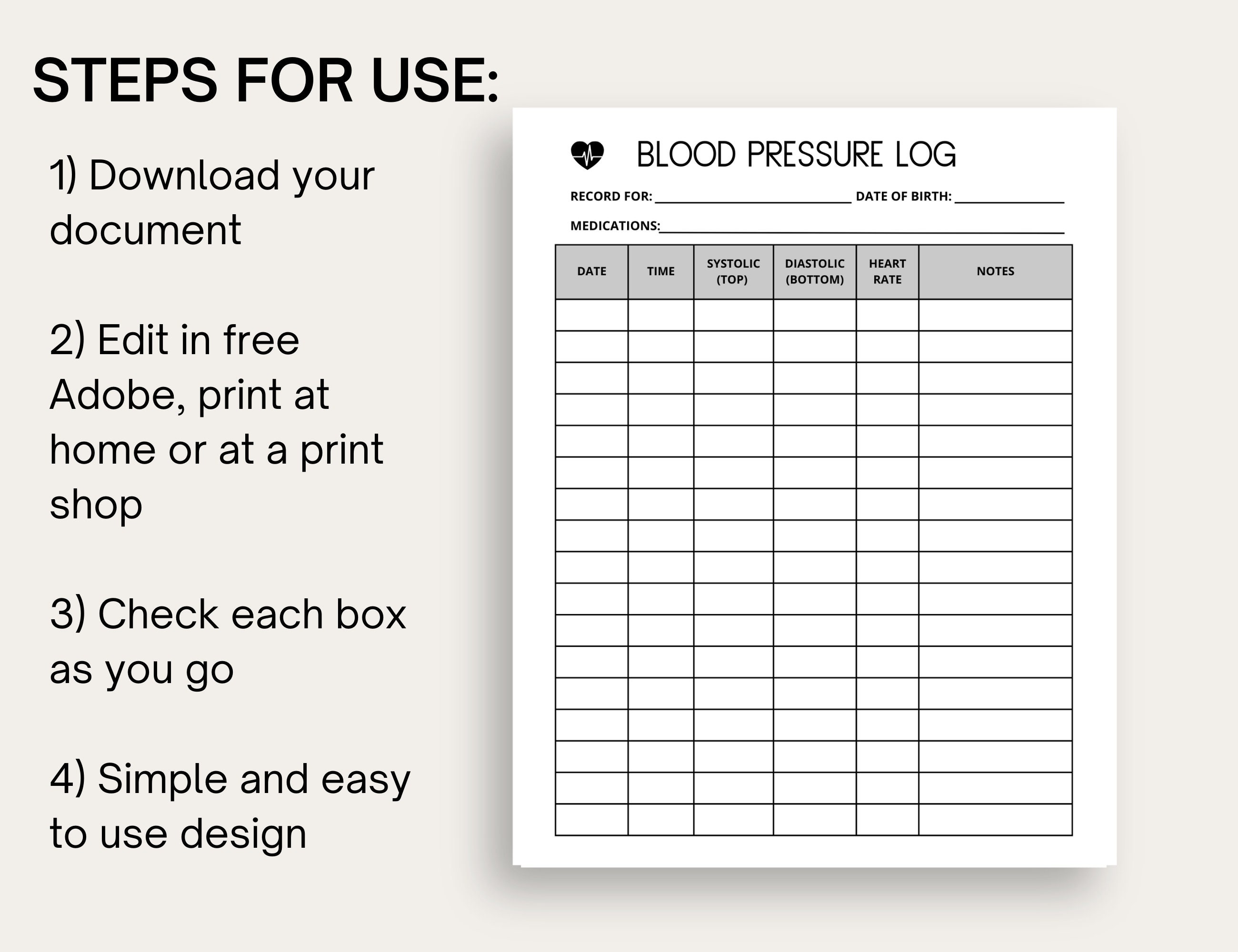Blood Pressure Log Printable Fillable PDF, Blood Pressure Tracker ...
