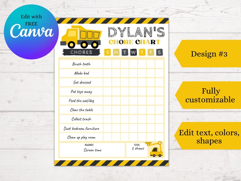 Chore Chart for Kids Construction Theme, Editable Dump Truck Star Chart ...