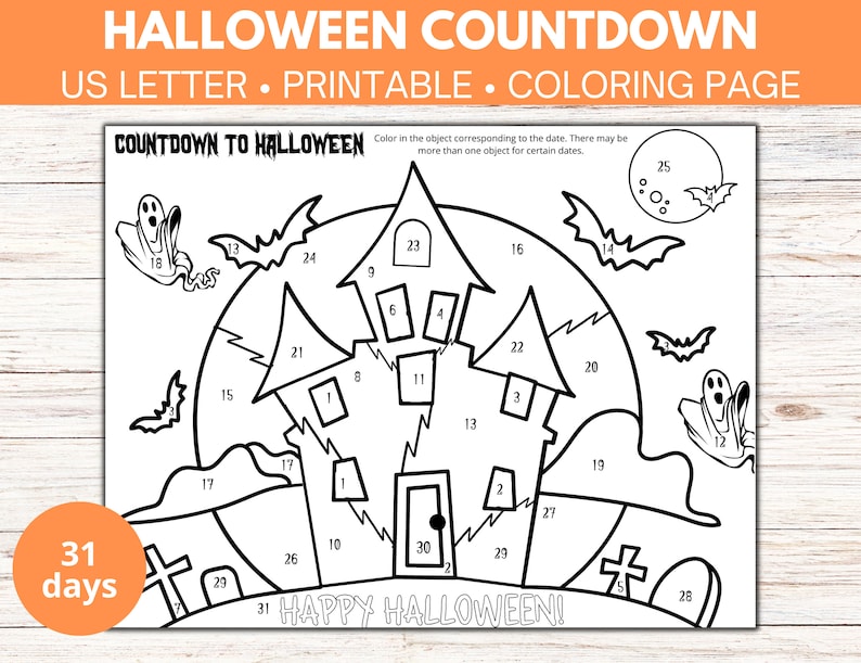 Halloween Countdown Calendar, Printable Halloween Color by Number, Kids ...