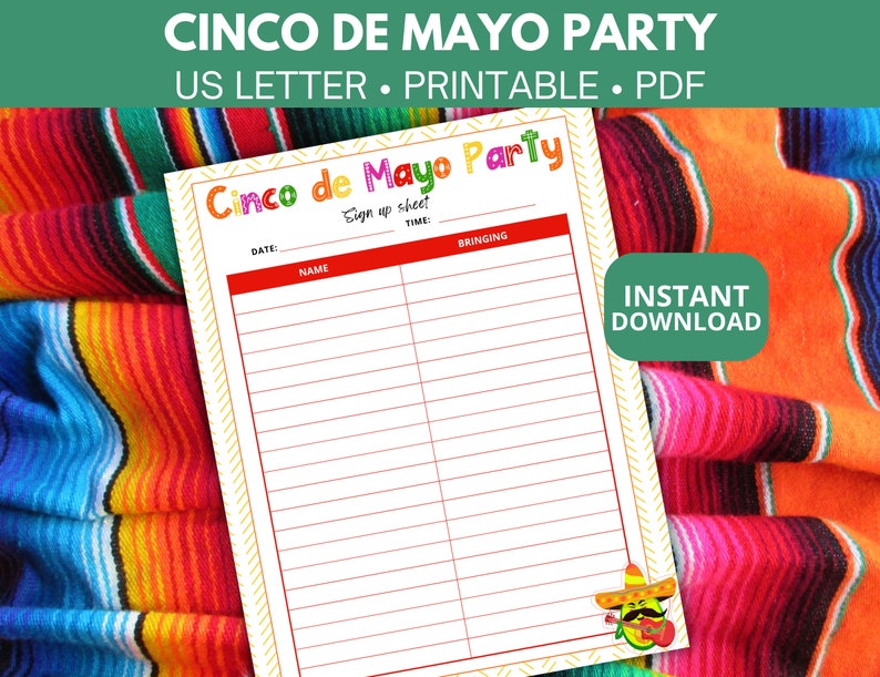 Sign up Sheet Template for Cinco De Mayo Party, Mexican Food Potluck ...