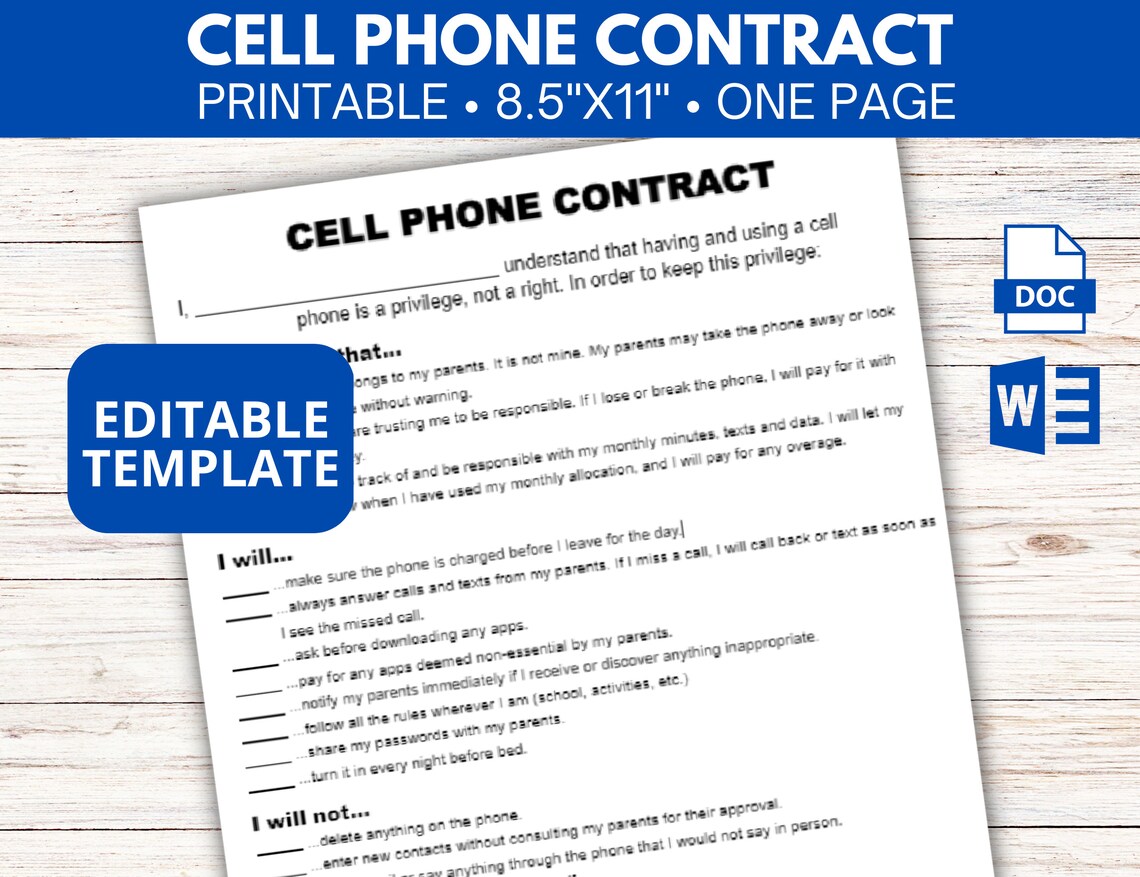 Editable Teen/kids Phone Contract, Cell Phone Contract Template, Cell ...