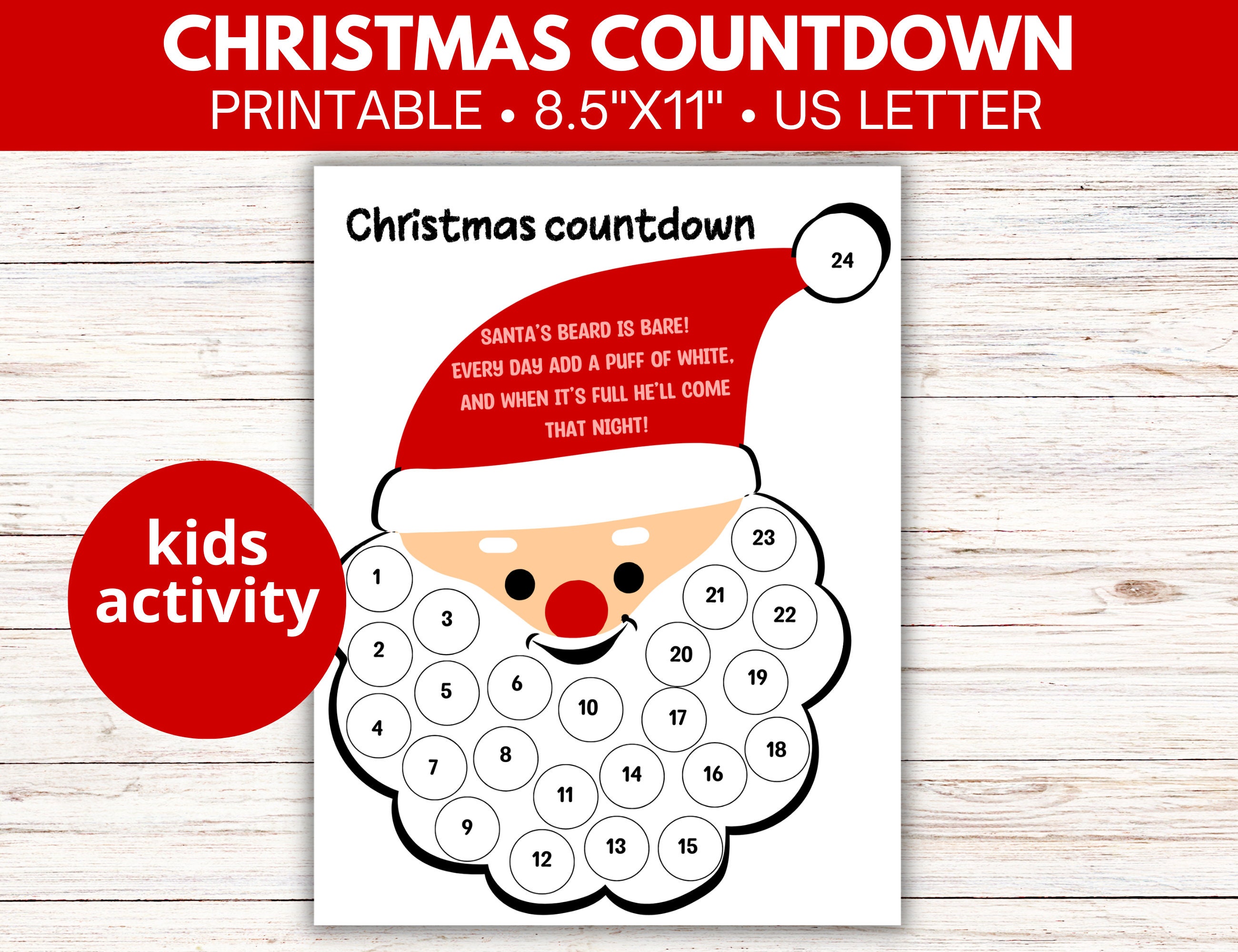 Christmas Countdown Printable Kids Activity, Santa's Beard Christmas ...