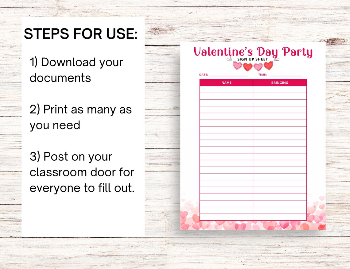 Sign up Sheet Template for Valentine's Day Party, Potluck Sign up Sheet ...