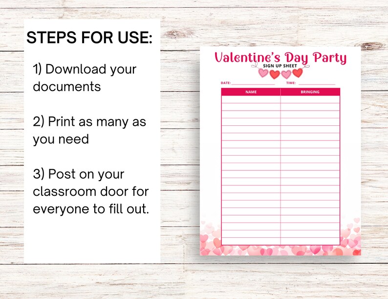 Sign up Sheet Template for Valentine's Day Party, Potluck Sign up Sheet ...