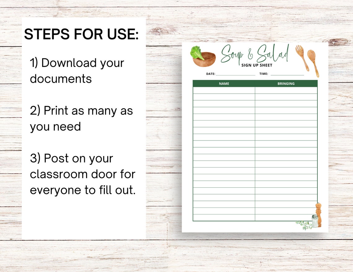 Soup and Salad Sign up Sheet Template, Potluck Sign up Sheet, Printable ...