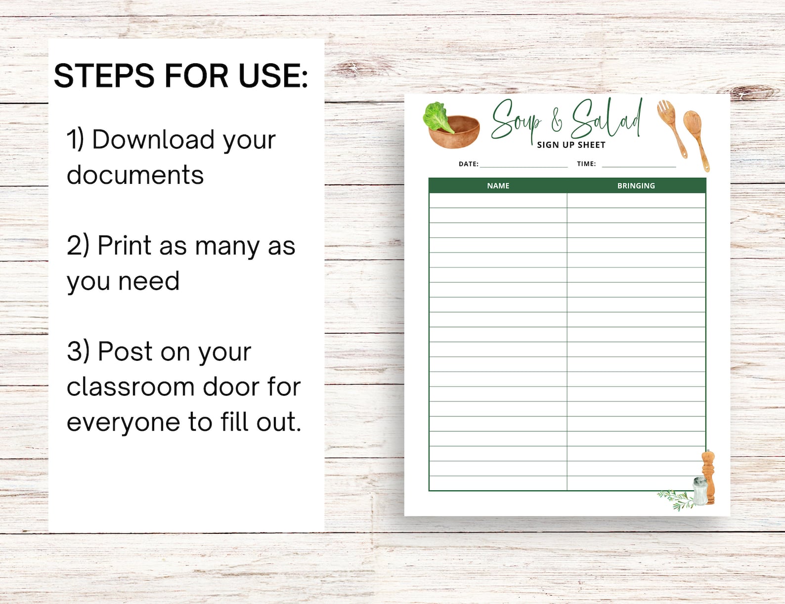 Soup and Salad Sign up Sheet Template, Potluck Sign up Sheet, Printable ...
