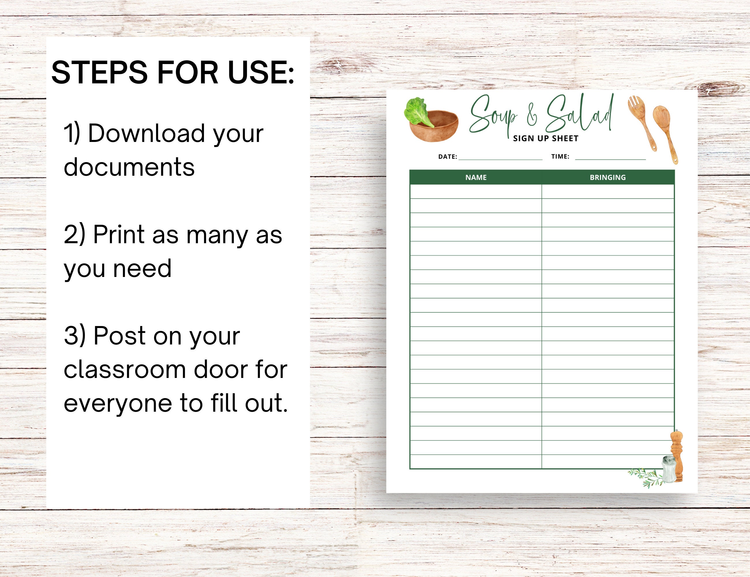 Soup and Salad Sign up Sheet Template, Potluck Sign up Sheet, Printable ...