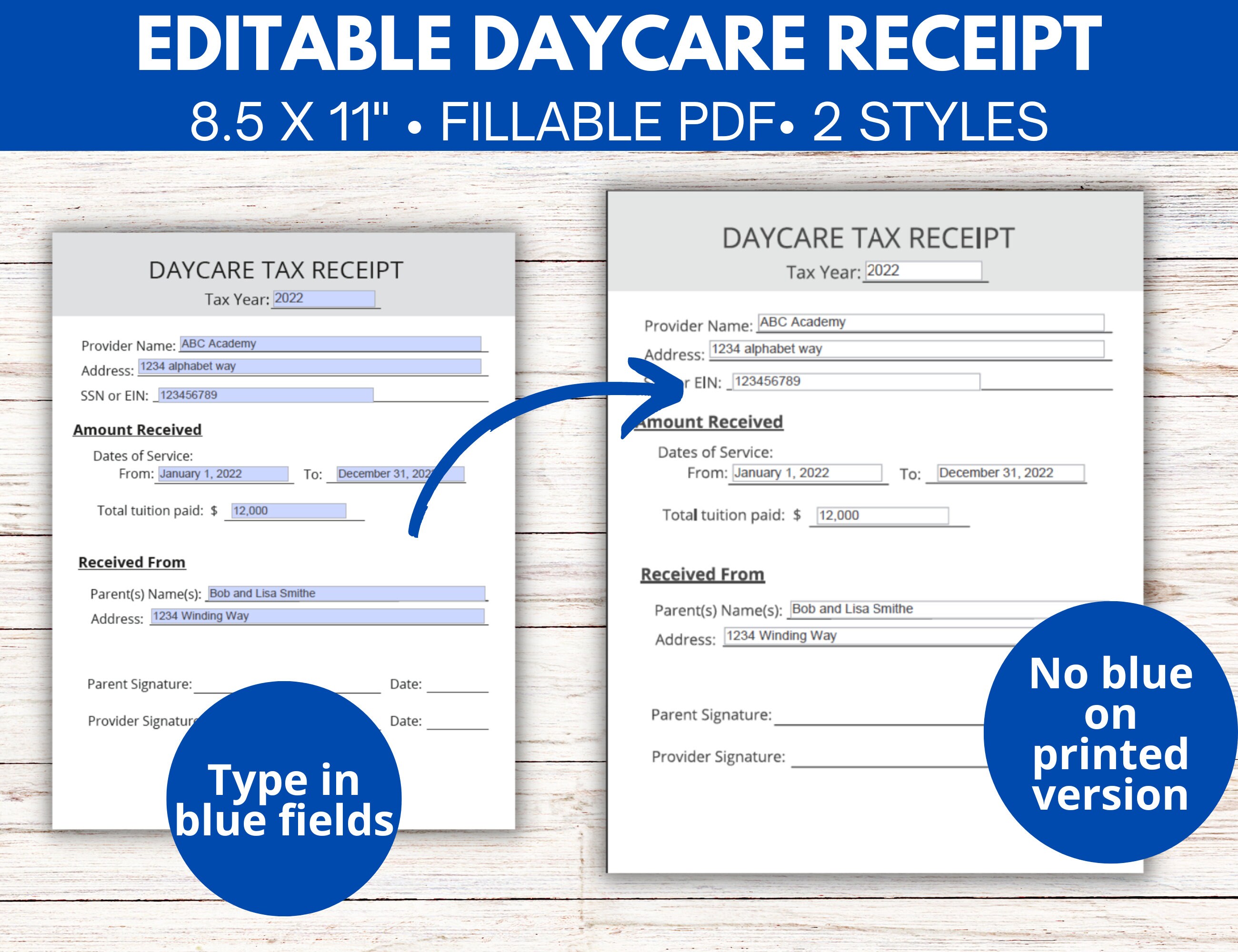 Daycare Childcare Tax Receipt Form for Parents and Childcare Providers ...