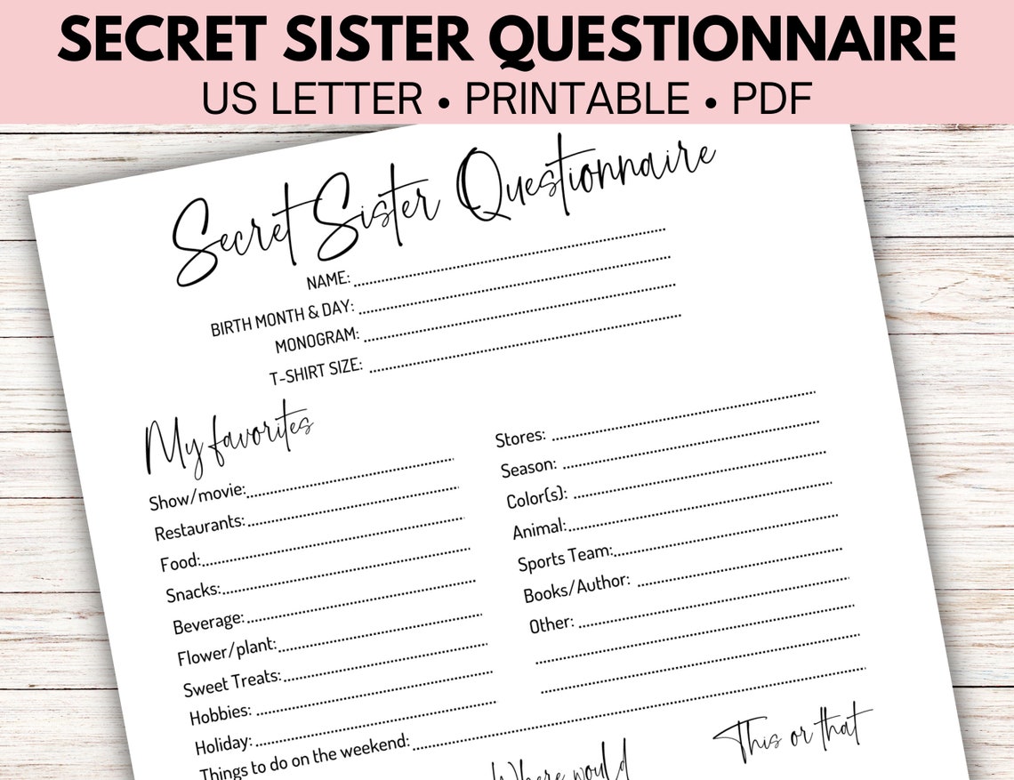 Secret Sister Questionnaire Printable, Church Secret Sister Form ...