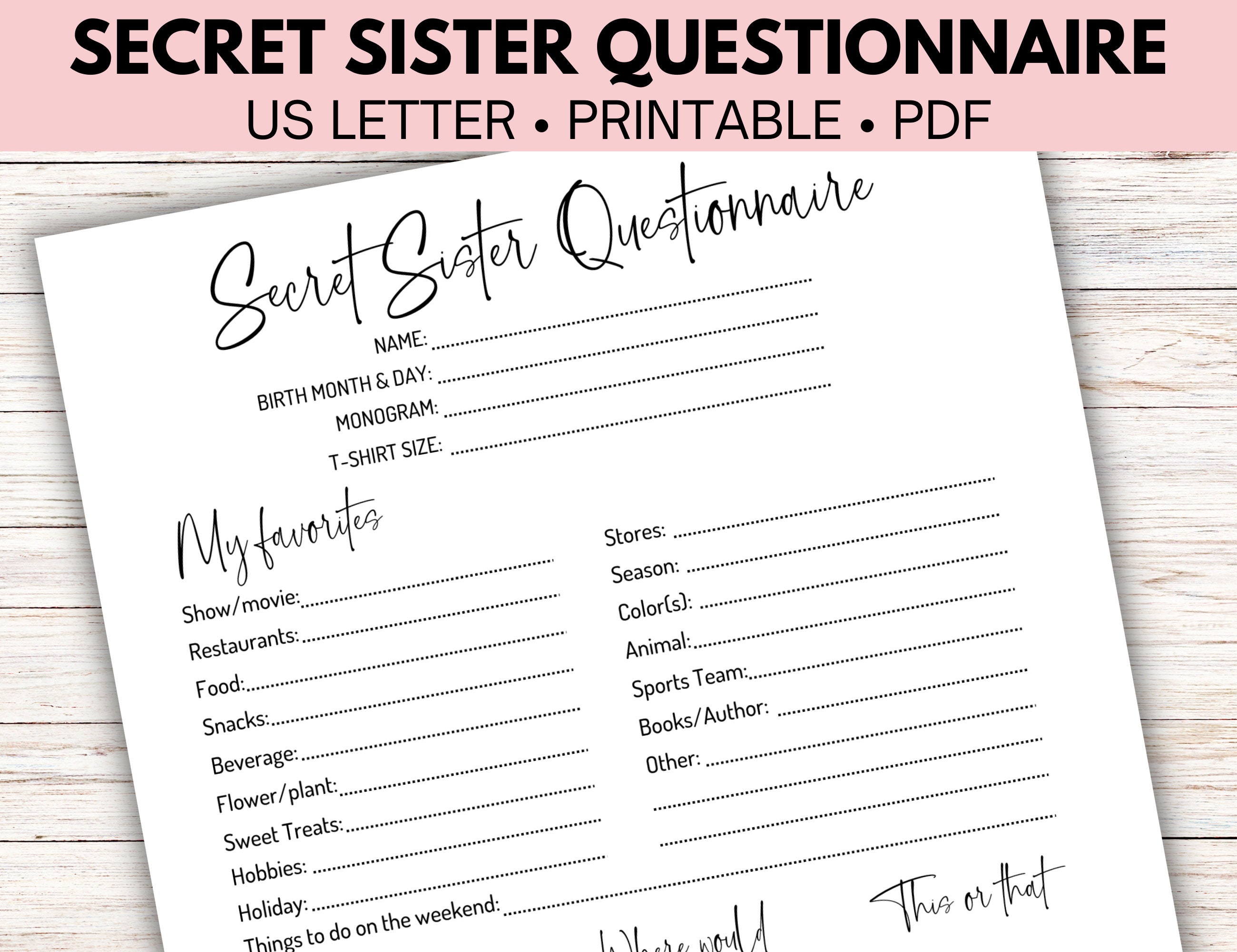 Secret Sister Questionnaire Printable, Church Secret Sister Form ...