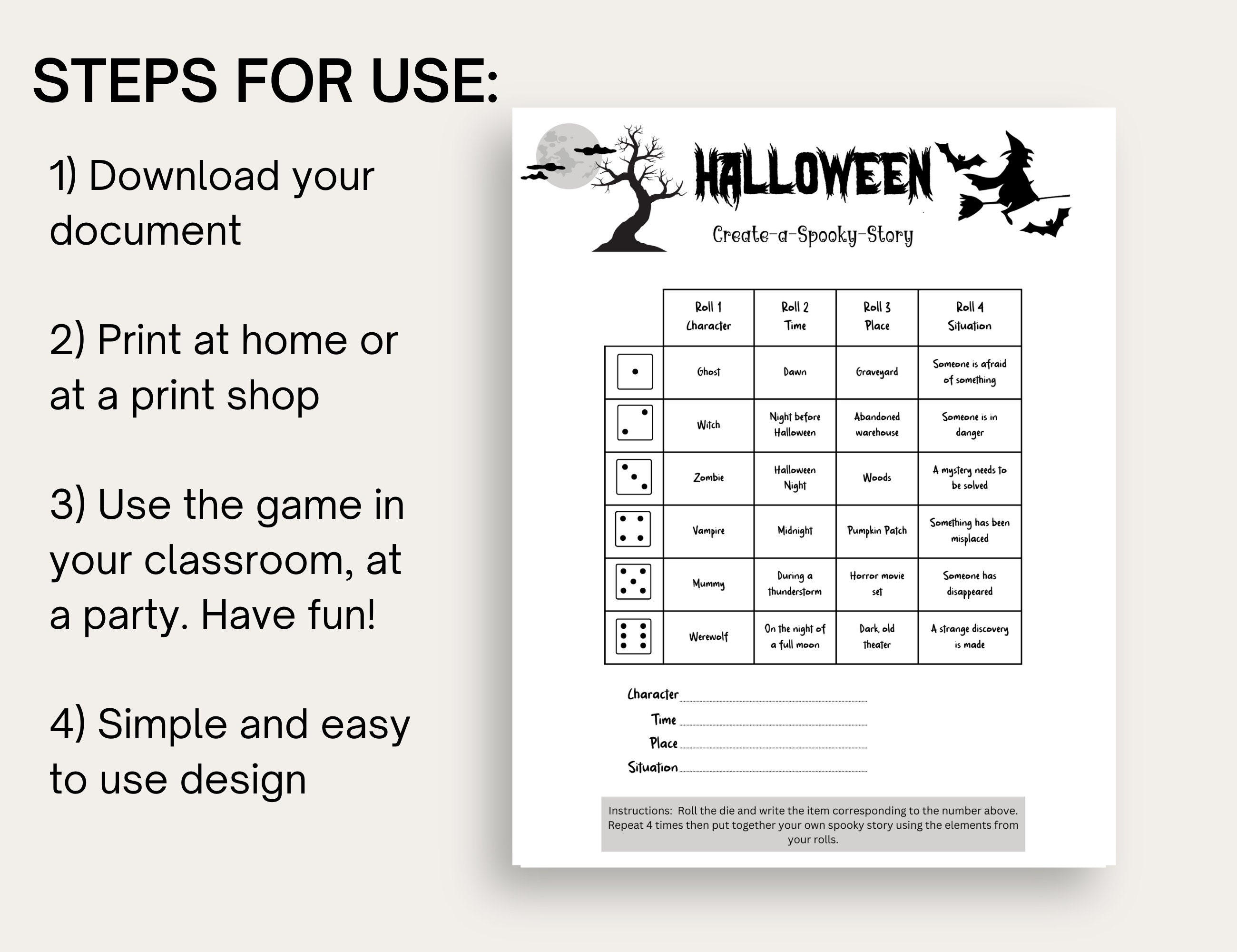 Halloween Party Dice Game, Kids Halloween Activity, Halloween Story ...